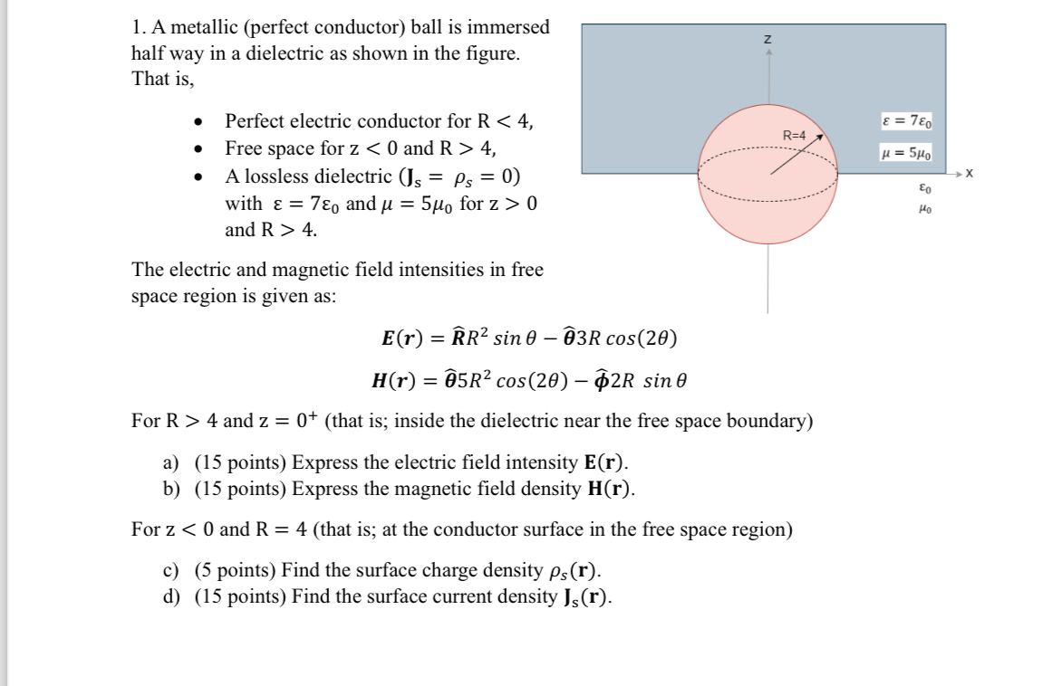 Solved A metallic (perfect conductor) ﻿ball is immersed half | Chegg.com