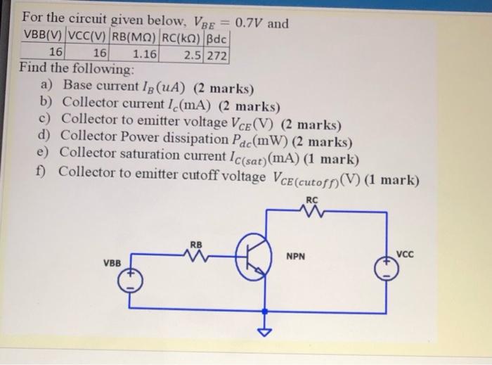 Solved For the circuit given below, VBE 0.7V and VBB(V) | Chegg.com