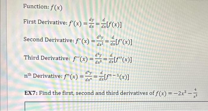 Solved First Derivative: f′(x)=dxdy=dxd[f(x)] Second | Chegg.com