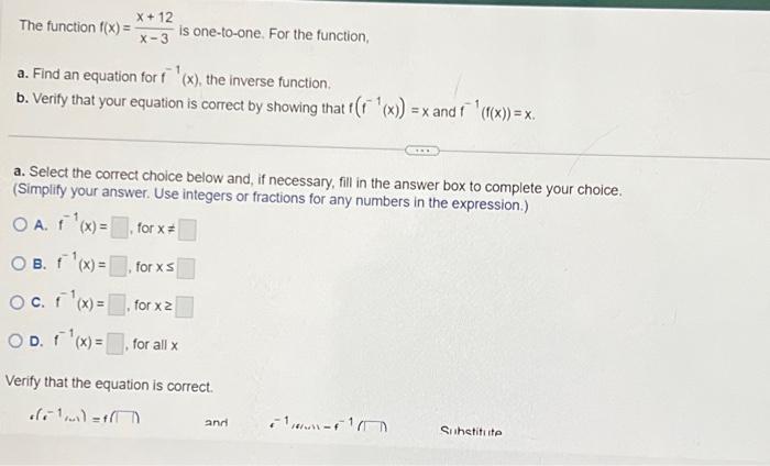 Solved The function f(x) = X + 12 X-3 a. Find an equation | Chegg.com