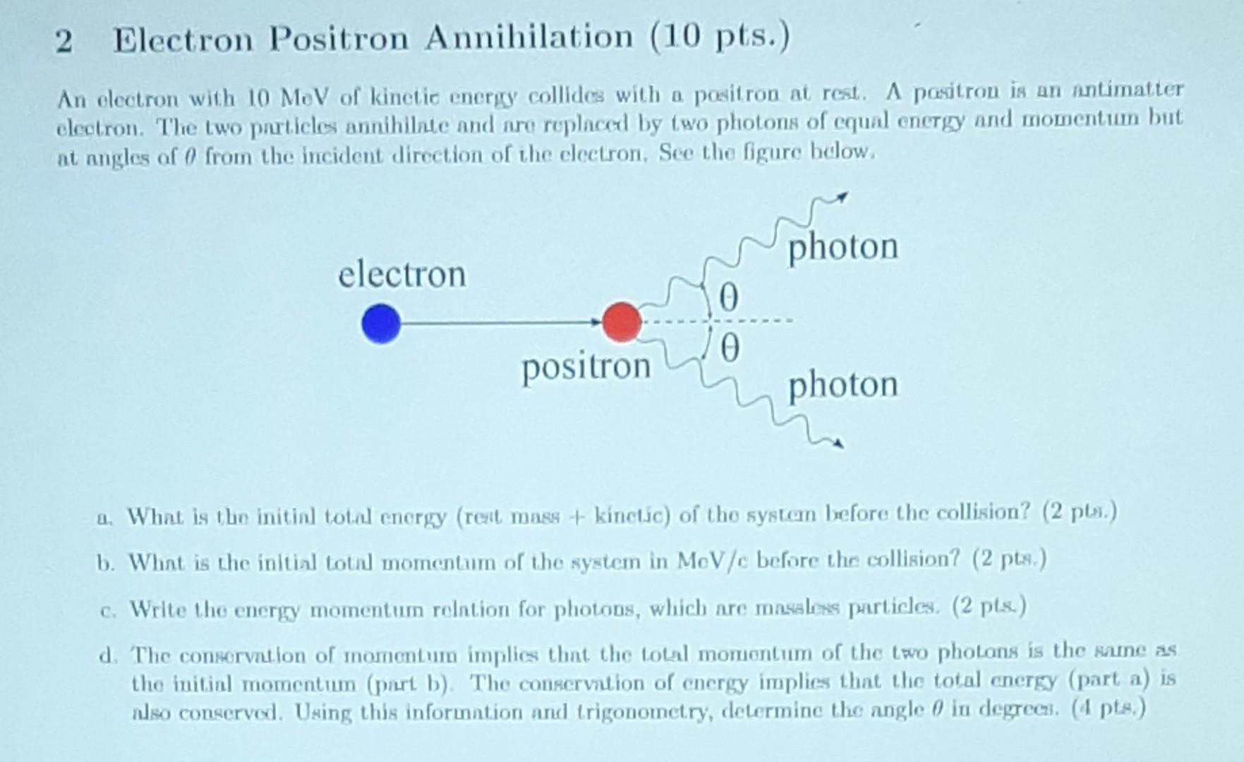 Solved 2 Electron Positron Annihilation (10 pts.) An | Chegg.com