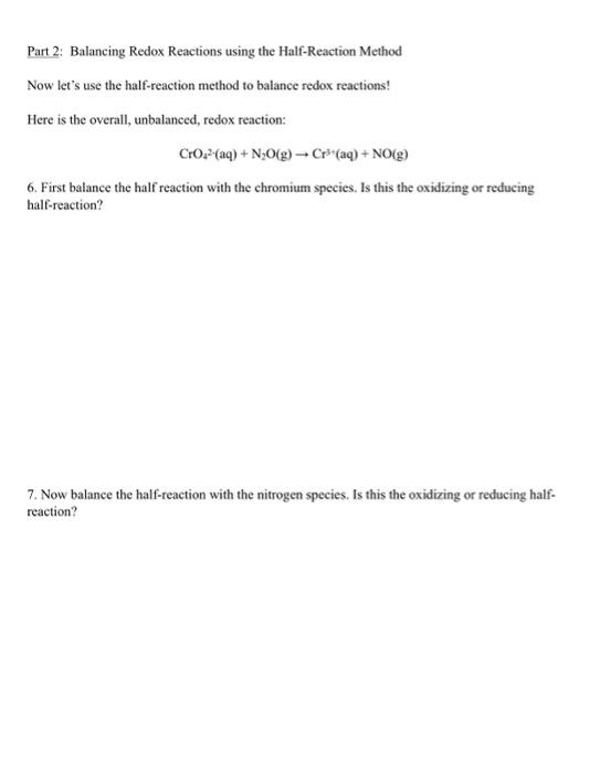 Solved Part 2: Balancing Redox Reactions using the | Chegg.com