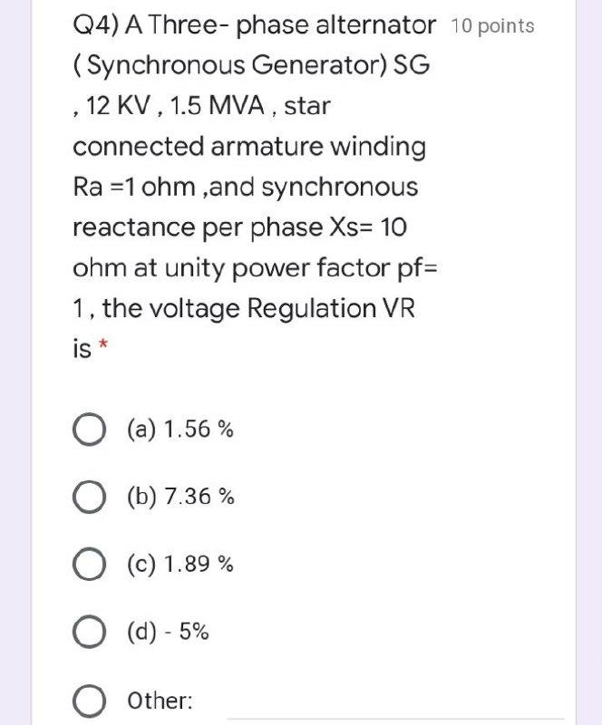 Solved Q4) A Three-phase alternator 10 points (Synchronous | Chegg.com