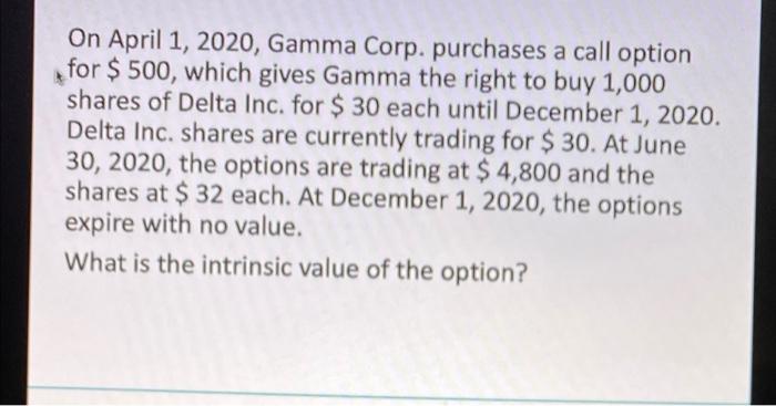 Solved On April 1, 2020, Gamma Corp. purchases a call option | Chegg.com