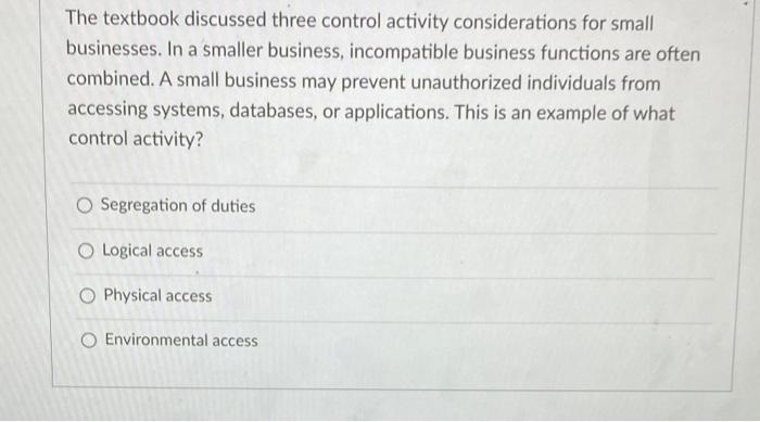 Solved The textbook discussed three control activity | Chegg.com