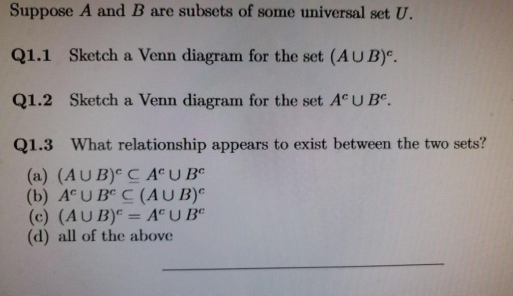 Solved Suppose A and B are subsets of some universal set U. | Chegg.com