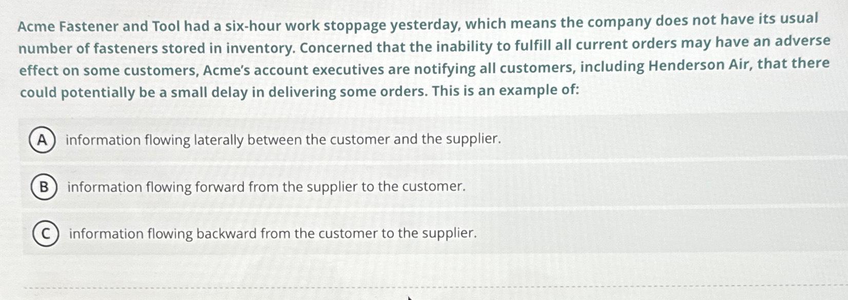 Solved Acme Fastener and Tool had a six-hour work stoppage | Chegg.com