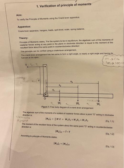 Solved 1. Verification of principle of moments Aim: To | Chegg.com