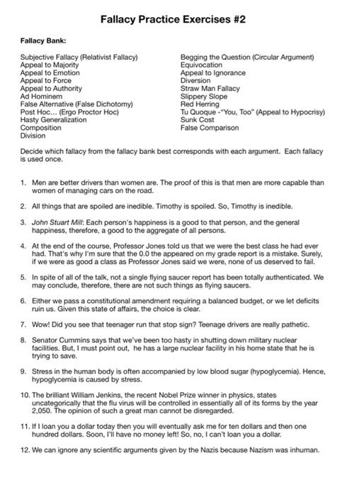 Fallacy Practice Exercises #2 Fallacy Bank: | Chegg.com