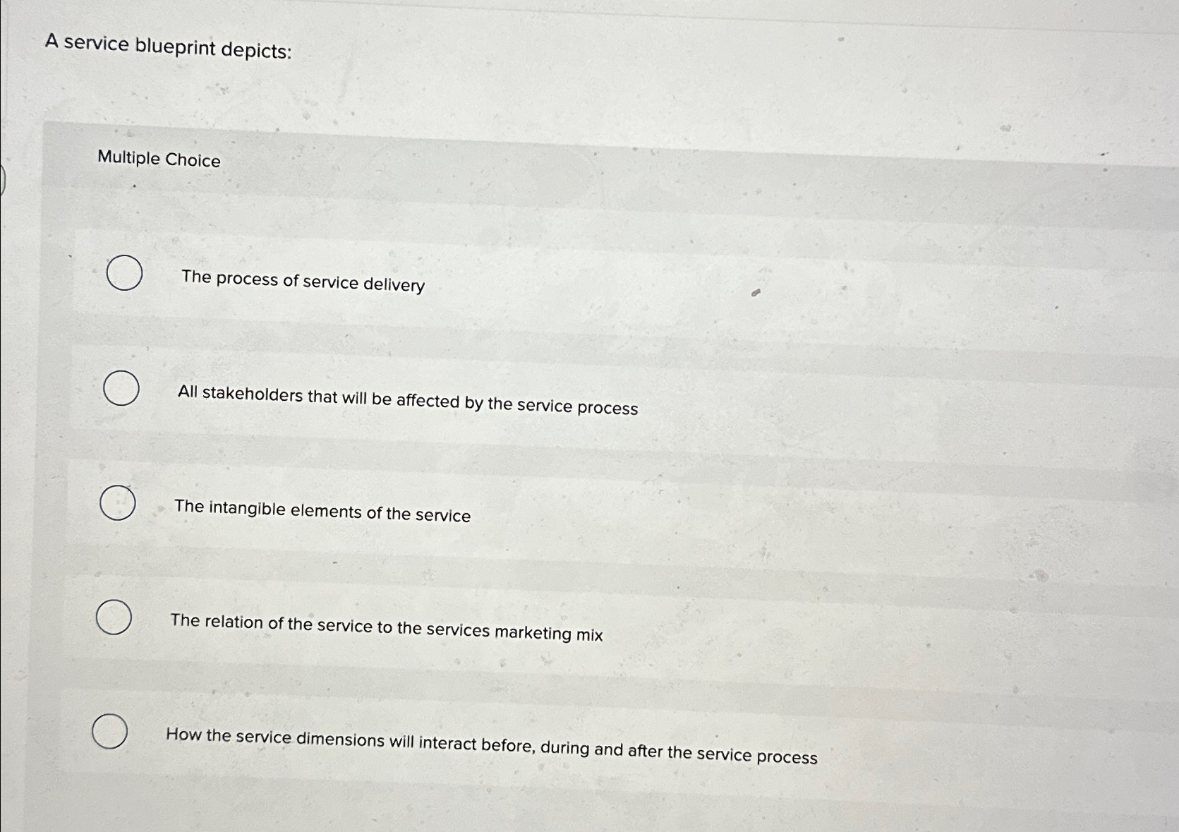 Solved A service blueprint depicts:Multiple ChoiceThe | Chegg.com