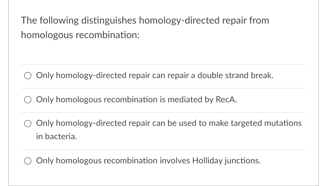 Solved The following distinguishes homology-directed repair | Chegg.com