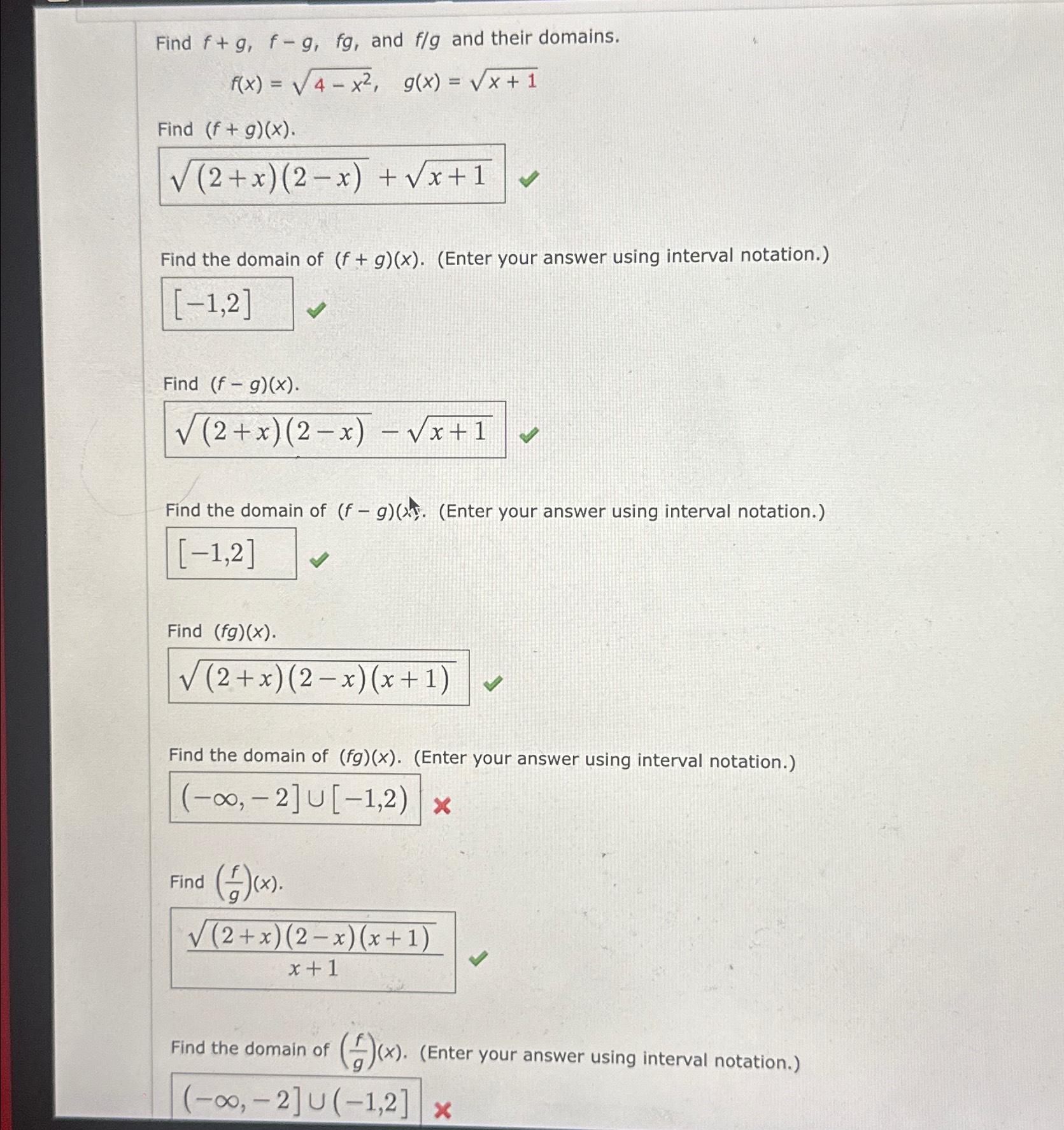 Solved Find f+g,f-g,fg, ﻿and fg ﻿and their | Chegg.com
