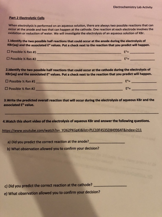 Solved Electrochemistry Lab Activity Part 2 Electrolytic | Chegg.com