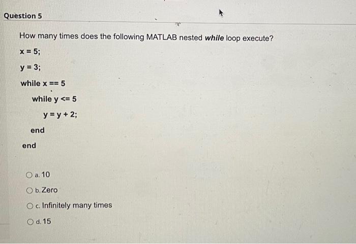 Solved Question 5 How many times does the following MATLAB | Chegg.com