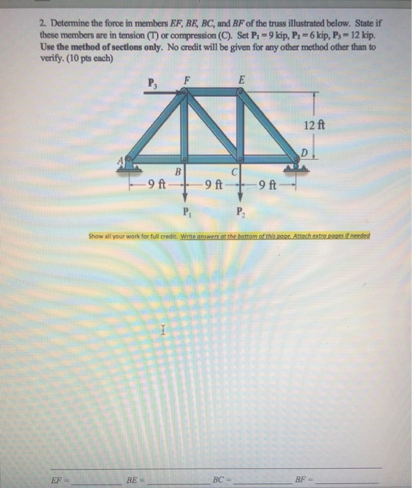 Solved 2. Determine the force in members EF, BE, BC, and BF | Chegg.com