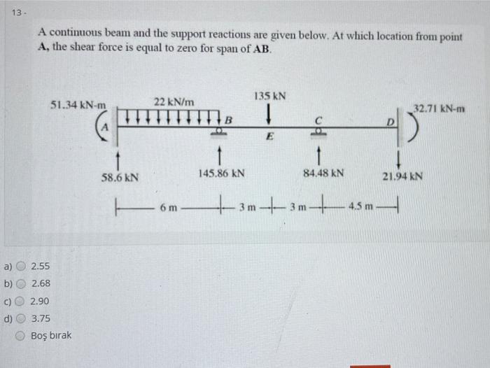 Solved 13. A continuous beam and the support reactions are | Chegg.com
