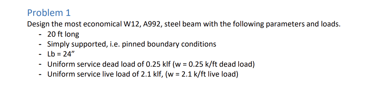 Solved Problem 1Design the most economical W12, ﻿A992, | Chegg.com