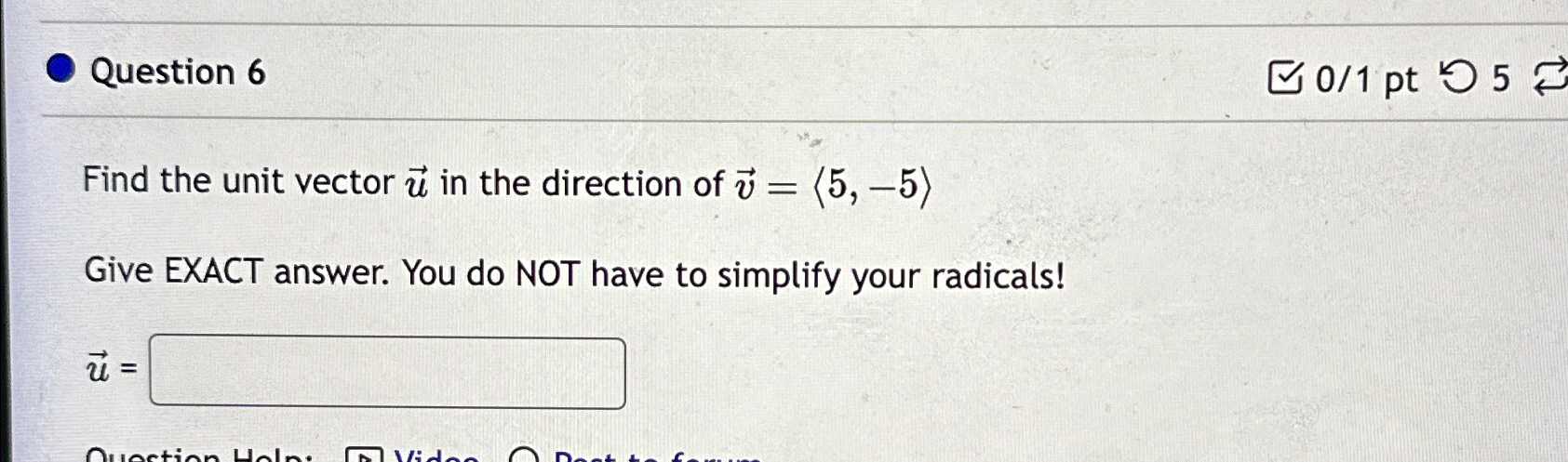Solved Question 601 ﻿pt 5⇆Find the unit vector vec(u) ﻿in | Chegg.com