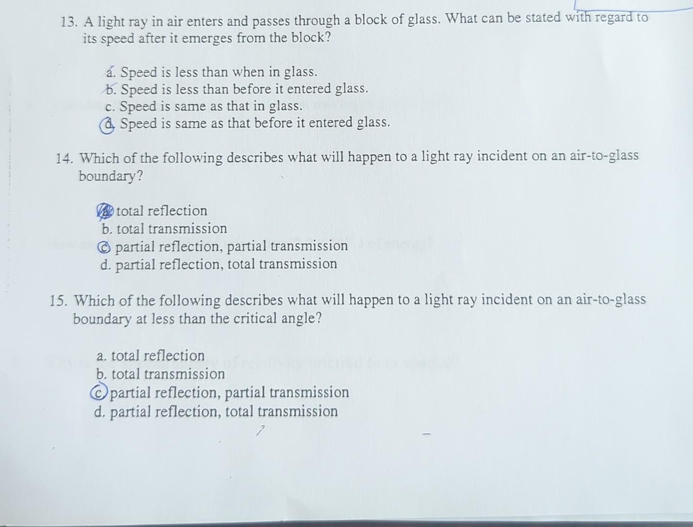 Solved 13. A light ray in air enters and passes through a | Chegg.com