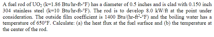 Solved A fuel rod of UO2(k=1.86Btuhr-ft-°F) ﻿has a diameter | Chegg.com
