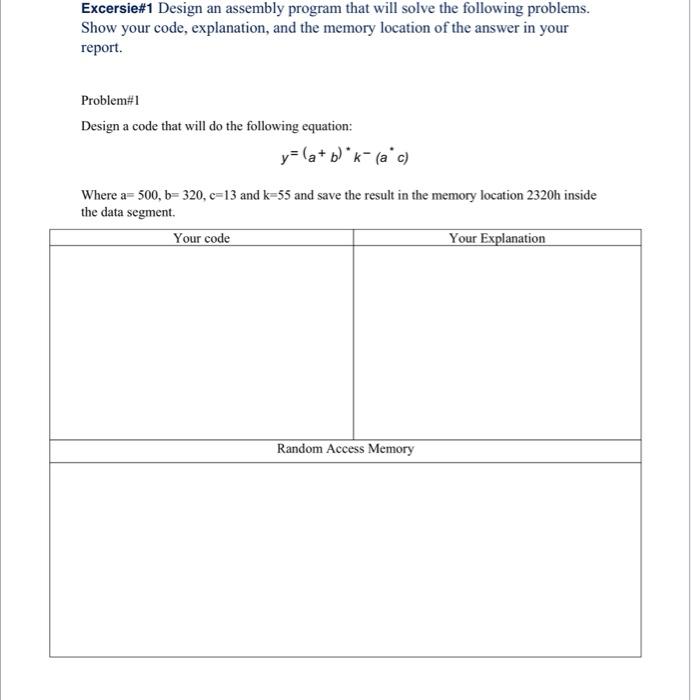 Solved Excersie#1 Design an assembly program that will solve | Chegg.com