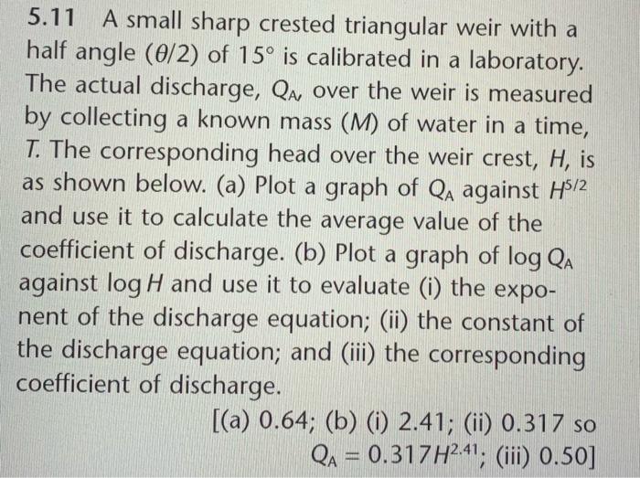 Solved 5.11 A small sharp crested triangular weir with a | Chegg.com