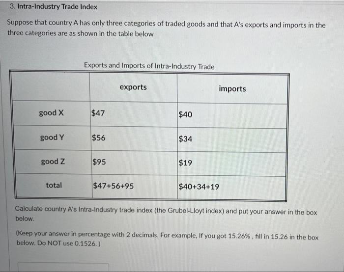 Solved 3. Intra-Industry Trade Index Suppose that country A | Chegg.com