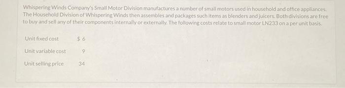 Solved Whispering Winds Company's Small Motor Division | Chegg.com