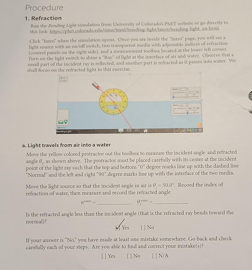 Procedure 1. Refraction Run the Bending Light | Chegg.com