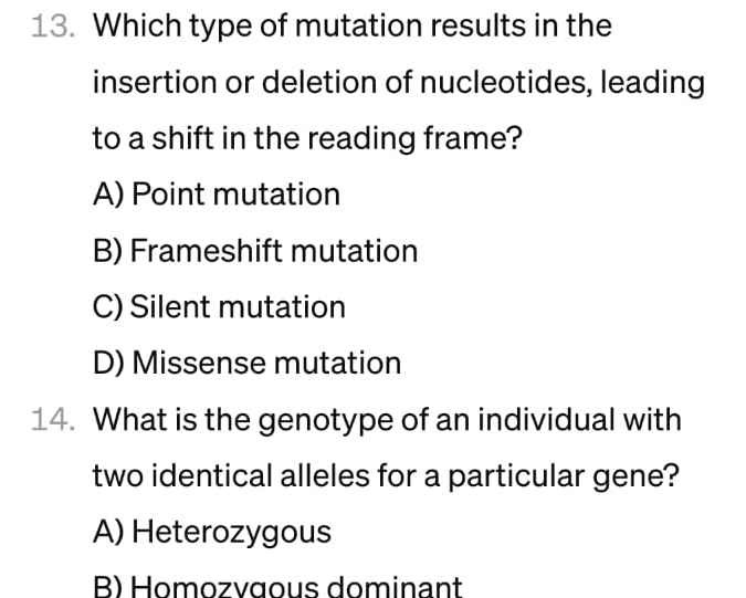 Solved Which type of mutation results in the insertion or | Chegg.com