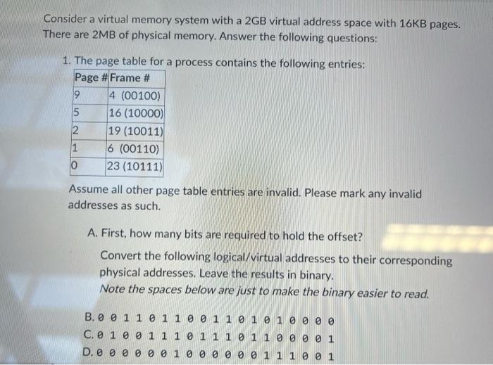 Solved Consider A Virtual Memory System With A 2 Gb Virtual 
