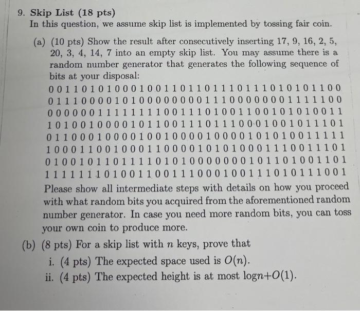 9. Skip List (18 pts) In this question, we assume | Chegg.com