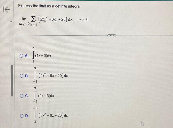Solved Express the limit as a definite integral. | Chegg.com