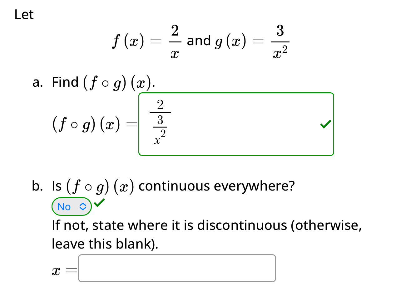 Solved Letf(x)=2x ﻿and g(x)=3x2a. ﻿Find (f@g)(x).(f@g)(x)=b. | Chegg.com