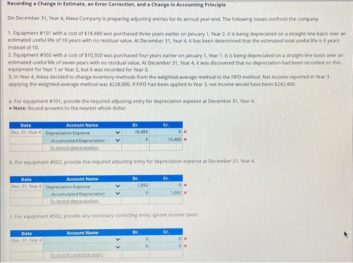 Solved recording a change in estimate, an error correction, | Chegg.com