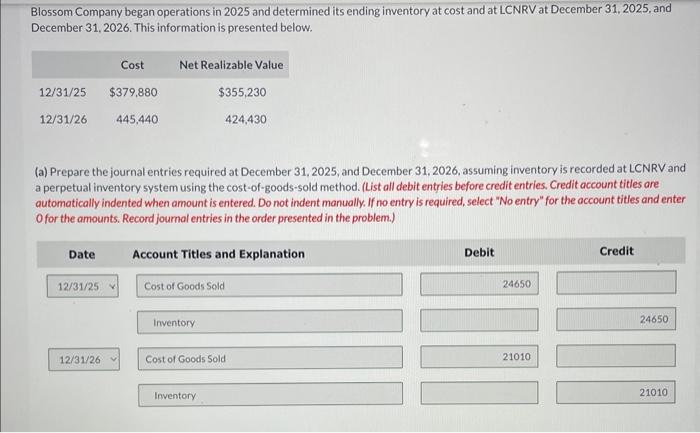 Solved Blossom Company began operations in 2025 and | Chegg.com