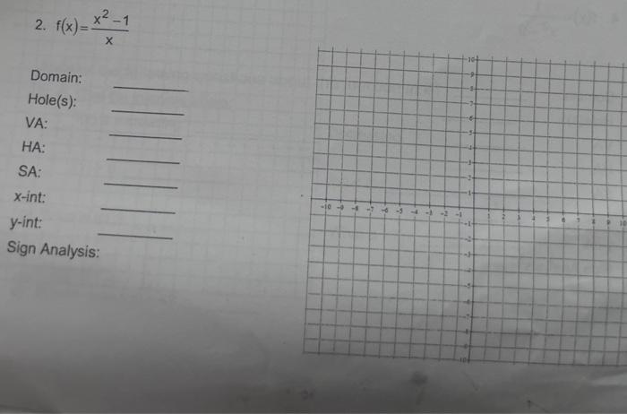 Solved 2. f(x)=xx2−1 Domain: Hole(s): VA: HA: SA: x-int: | Chegg.com