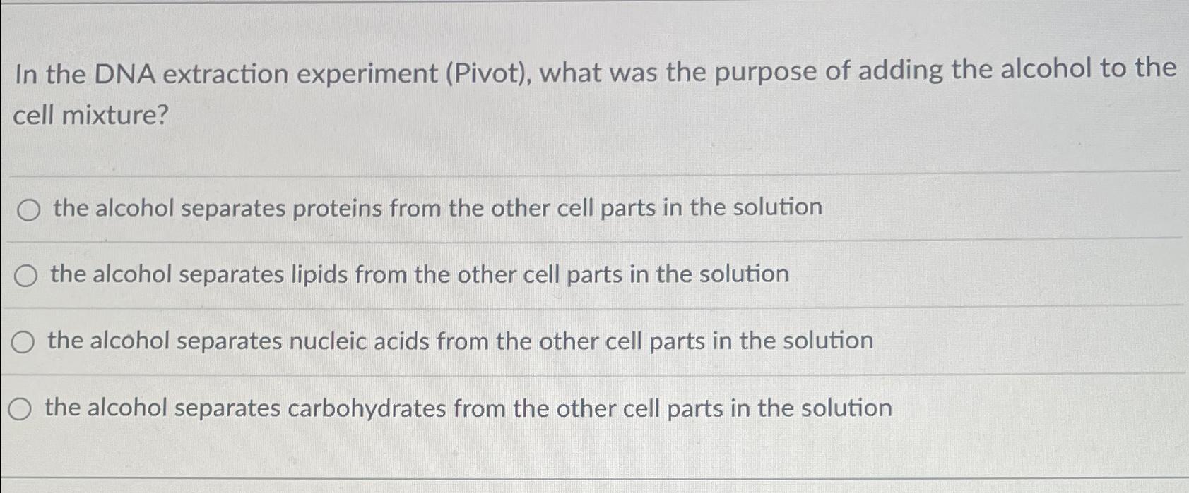Solved In the DNA extraction experiment (Pivot), ﻿what was | Chegg.com
