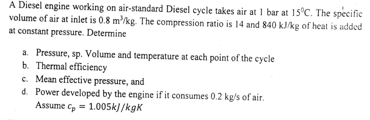 Solved A Diesel engine working on air-standard Diesel cycle | Chegg.com