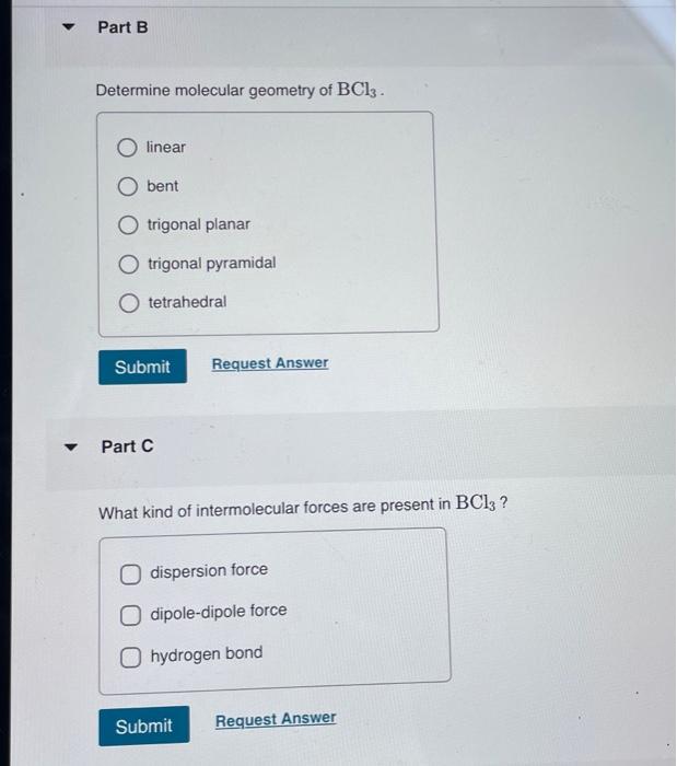 Solved Determine molecular geometry of BCl3. linear bent | Chegg.com