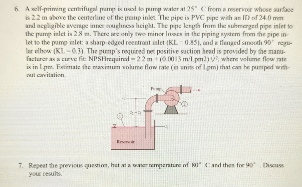 Solved A self-priming centrifugal pump is used to pump water | Chegg.com