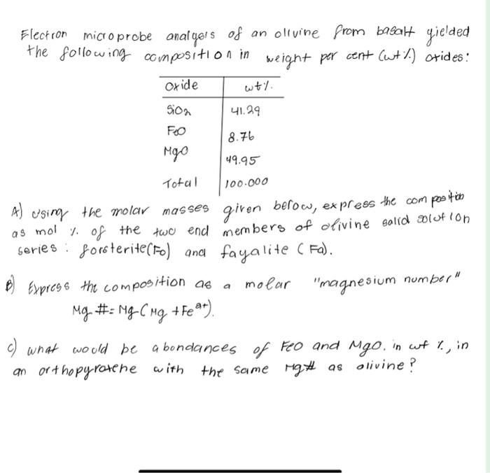 Solved Flectron microprobe analyors of an ollvine from | Chegg.com
