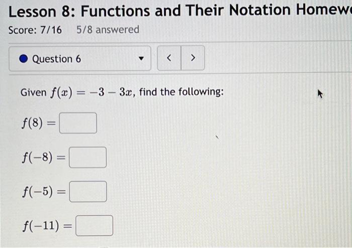 Solved Lesson 8: Functions and Their Notation Homew Score: | Chegg.com