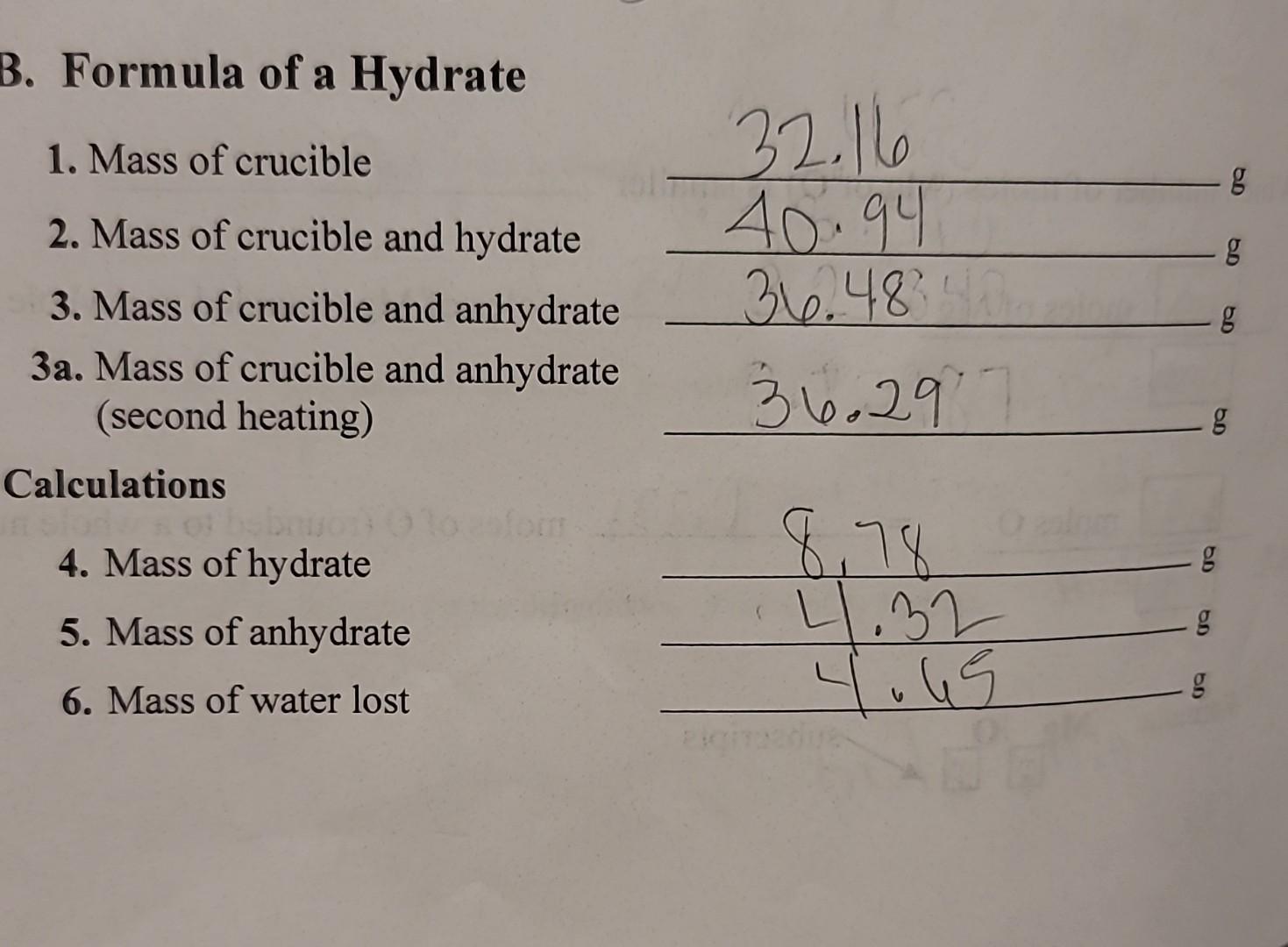 Solved 7. Percent water (Show calculations.) 8. Moles of | Chegg.com