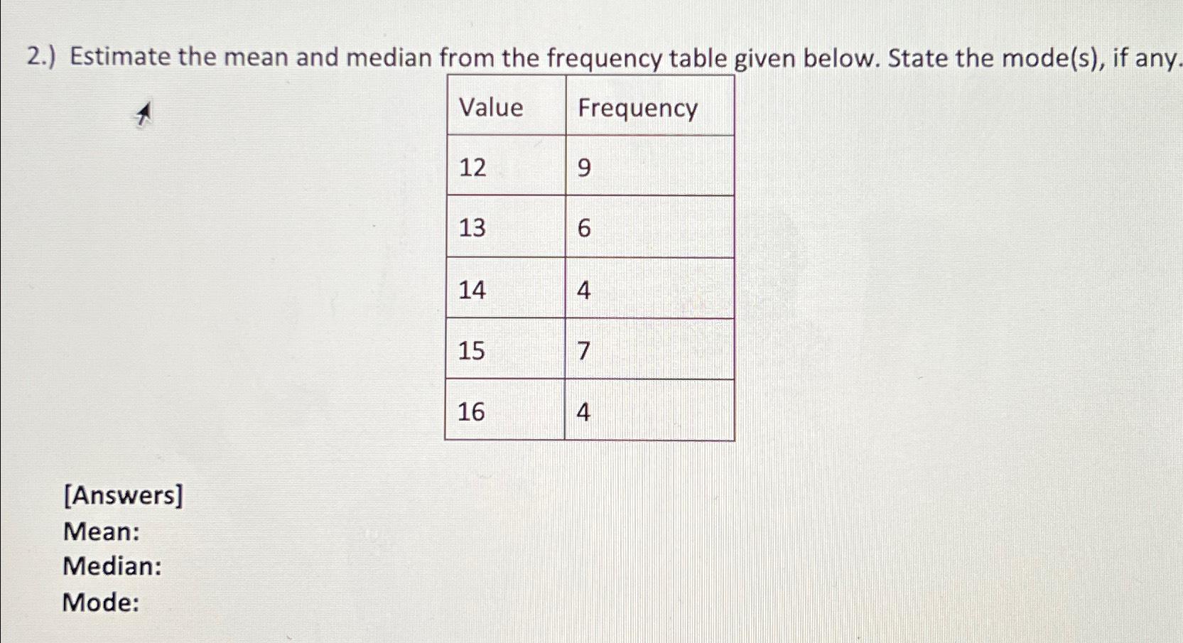 Solved 2.) ﻿Estimate the mean and median from the frequency | Chegg.com