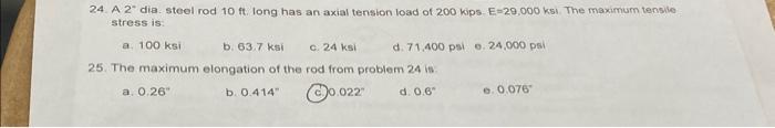 Solved 24. A 2" dia. steel rod 10 ft. long has an axial | Chegg.com
