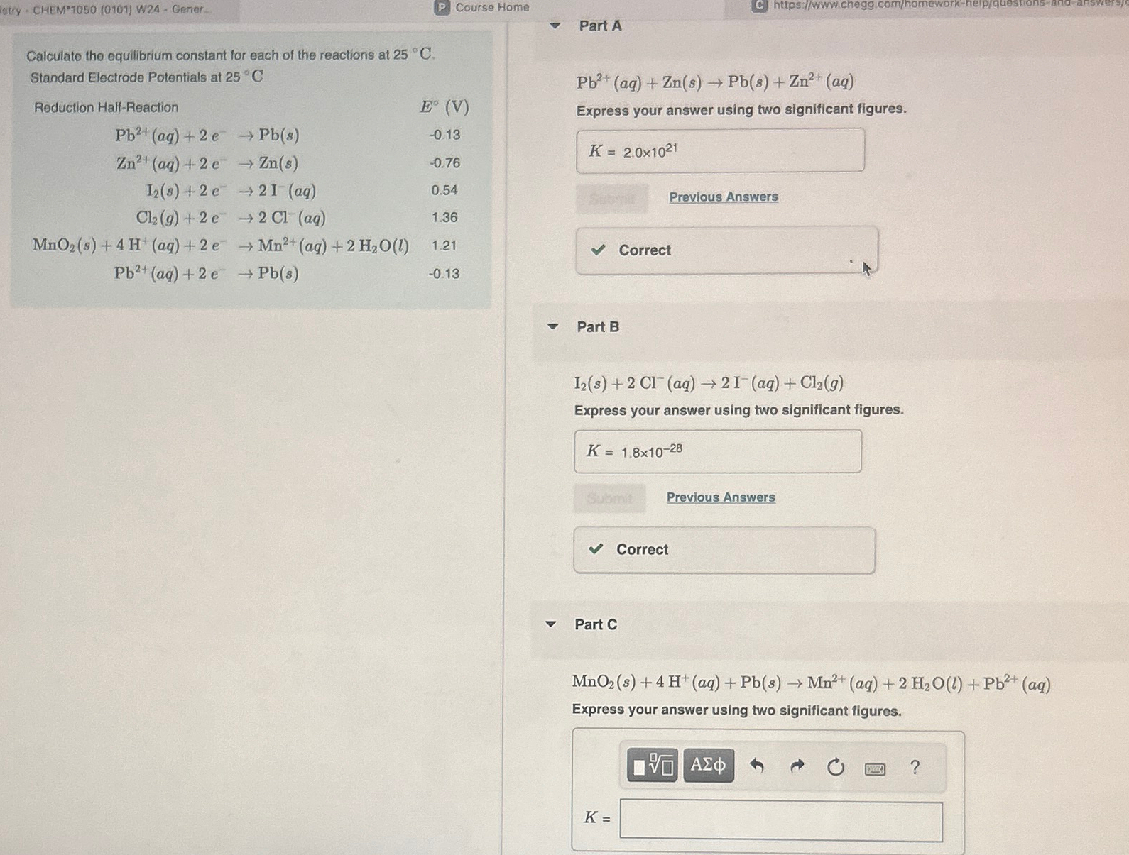 Solved Calculate the equilibrium constant for each of the | Chegg.com