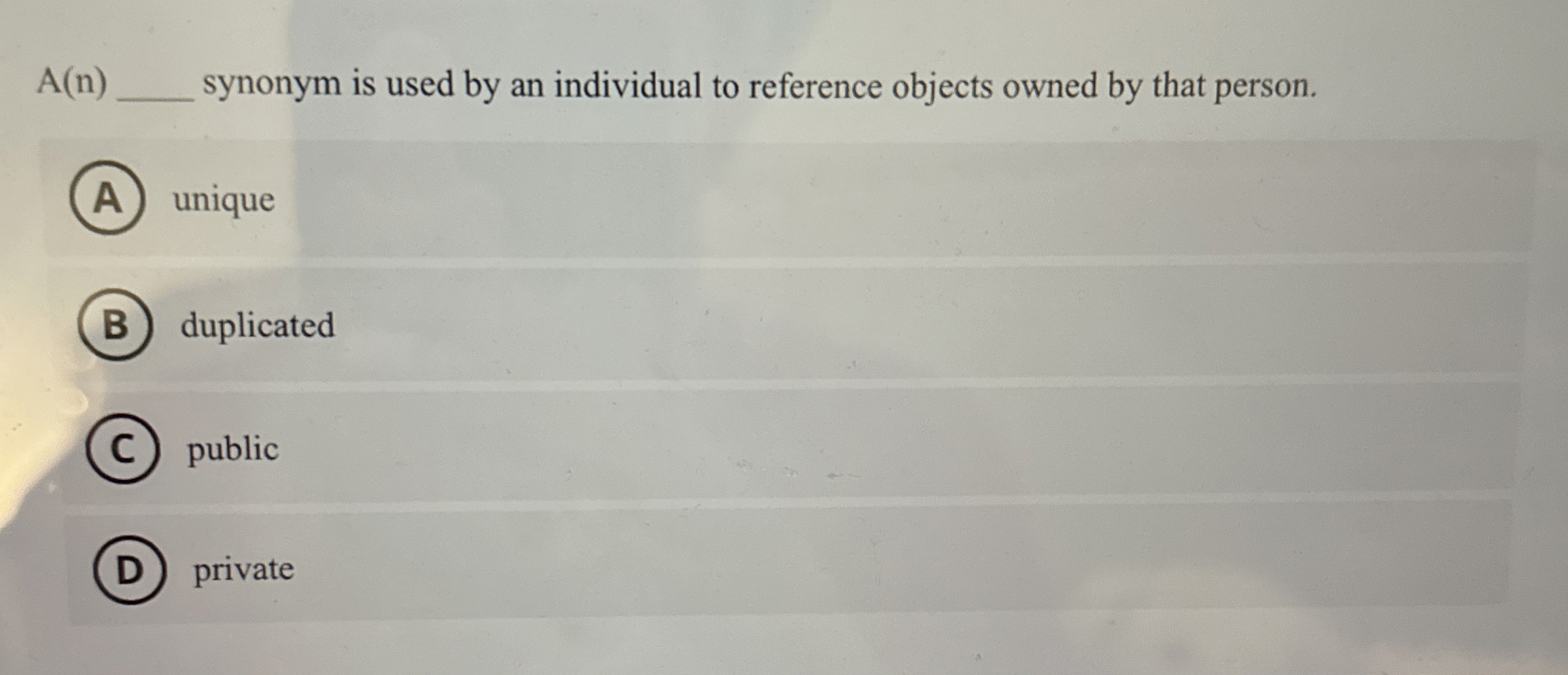 Solved A(n) ﻿synonym is used by an individual to reference | Chegg.com