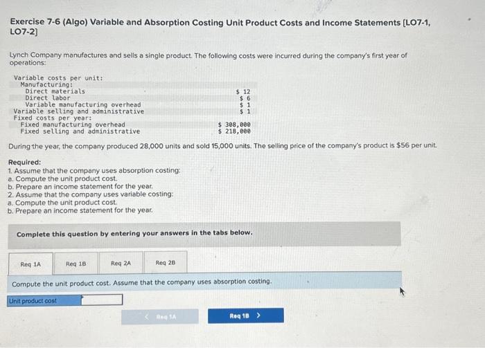 Solved Exercise 7.6 (Algo) Variable and Absorption Costing | Chegg.com