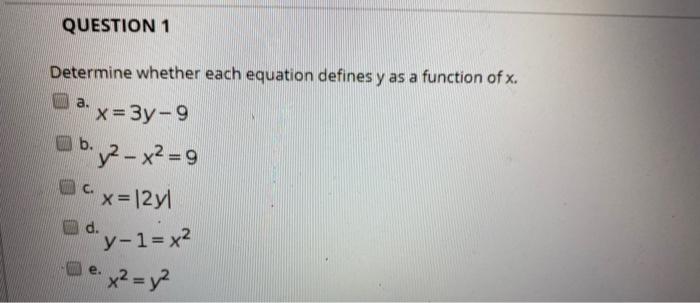 Solved QUESTION 1 Determine whether each equation defines y | Chegg.com